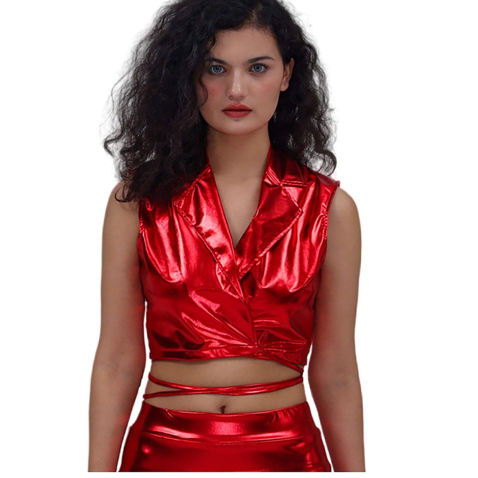 Angala Women Solid Suit Collar Sleeveless Lace Up Vest Metallic Slim ...