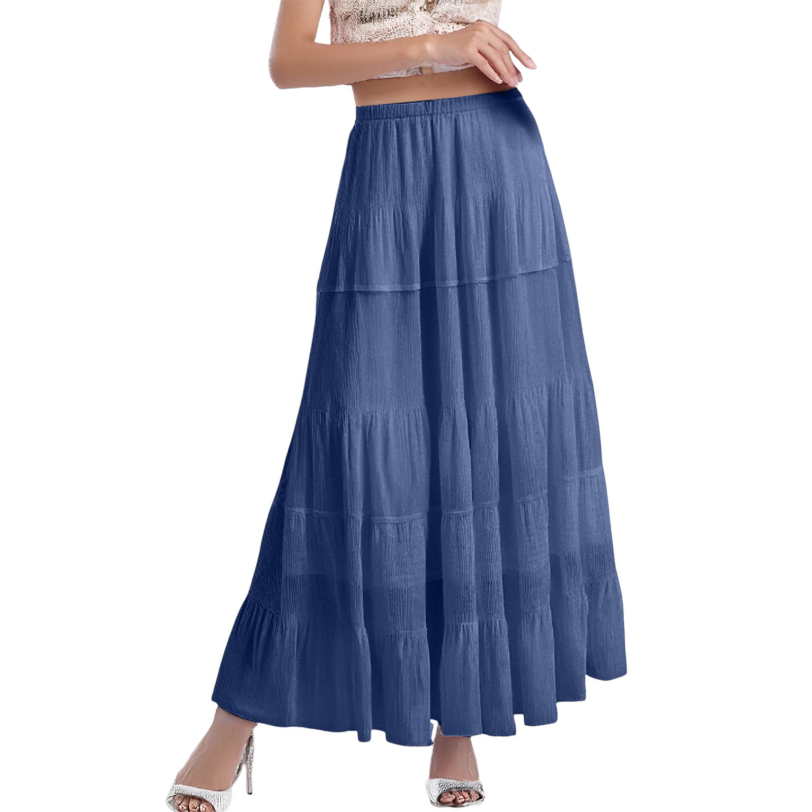Angala Women's Chiffon White Flowy Maxi Skirts Boho Summer Elastic ...