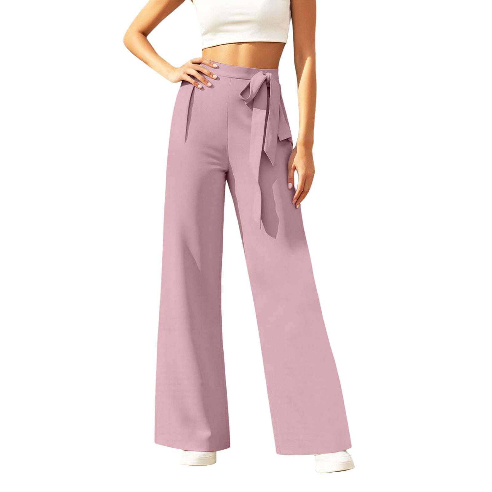 Angala Womens Casual Pants High Drop Waist Solid Flat Front Pants Wide ...