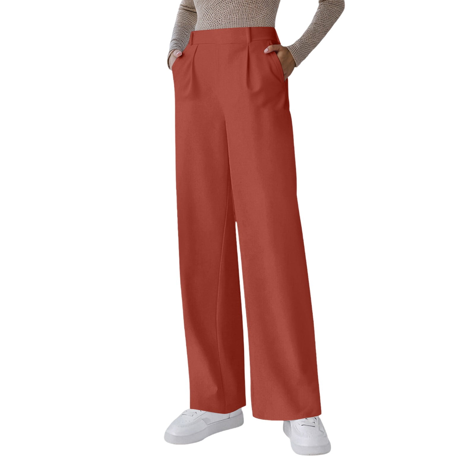 Angala Womens Pants High Drop Waist Solid Flat Front Pants Straight Leg ...