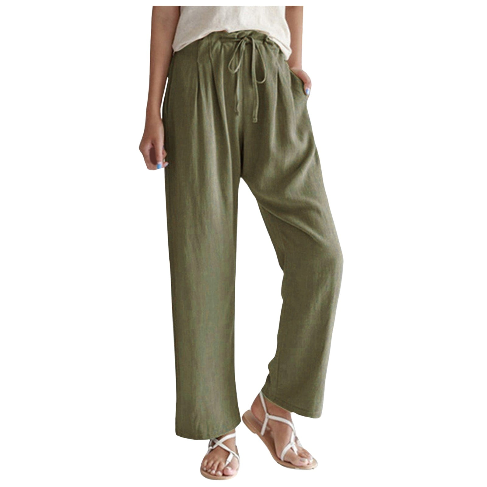 Angala Womens Pants High Elastic Waist Solid Pants Straight Leg Linen ...