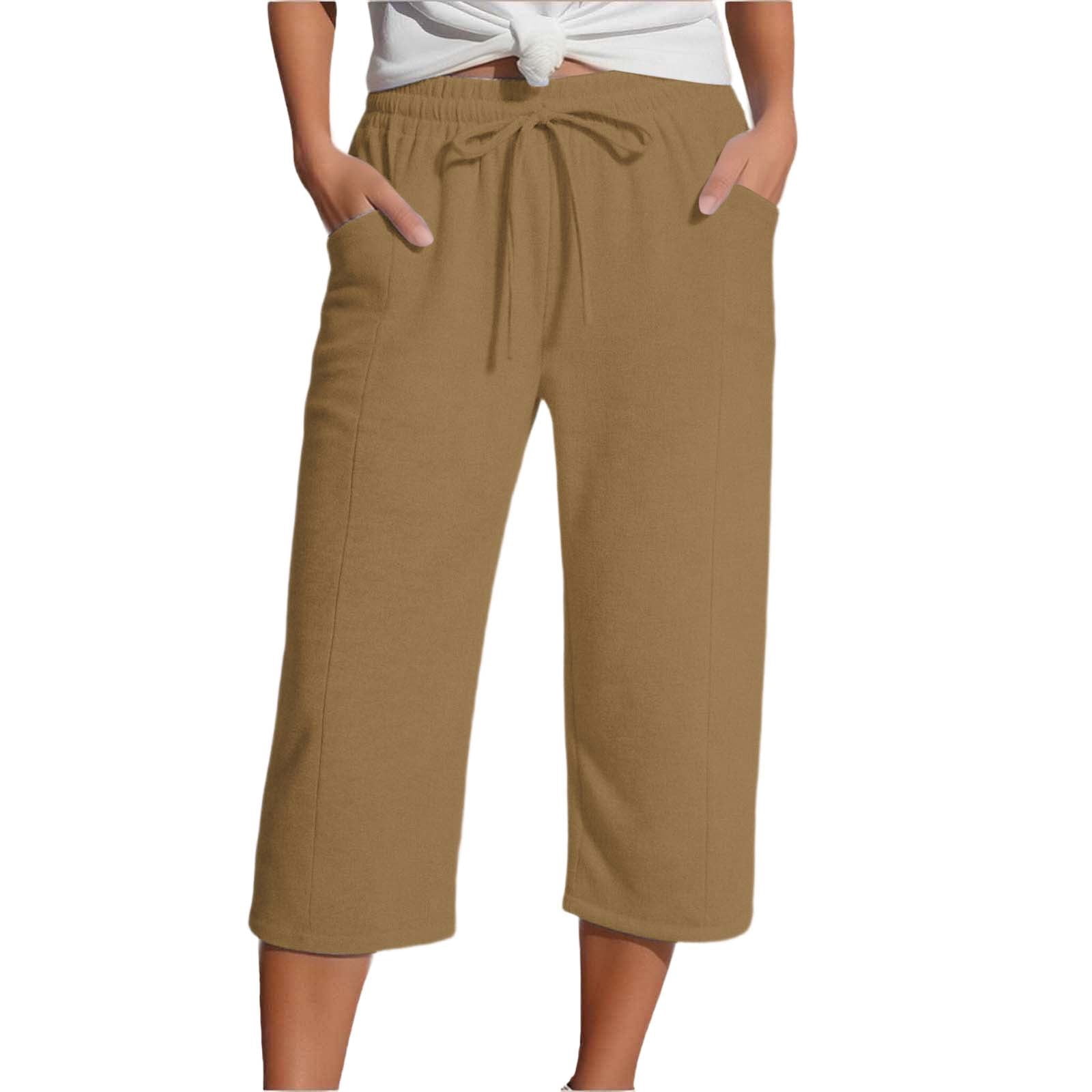 Angala Womens Pants Solid Cropped Pants Loose High Elastic Waist ...