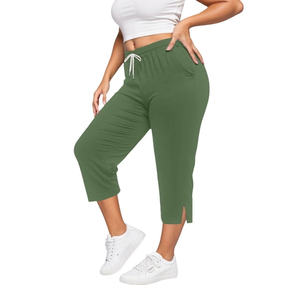 Angala Womens Pants Solid Cropped Pants Straight Leg High Elastic Waist ...