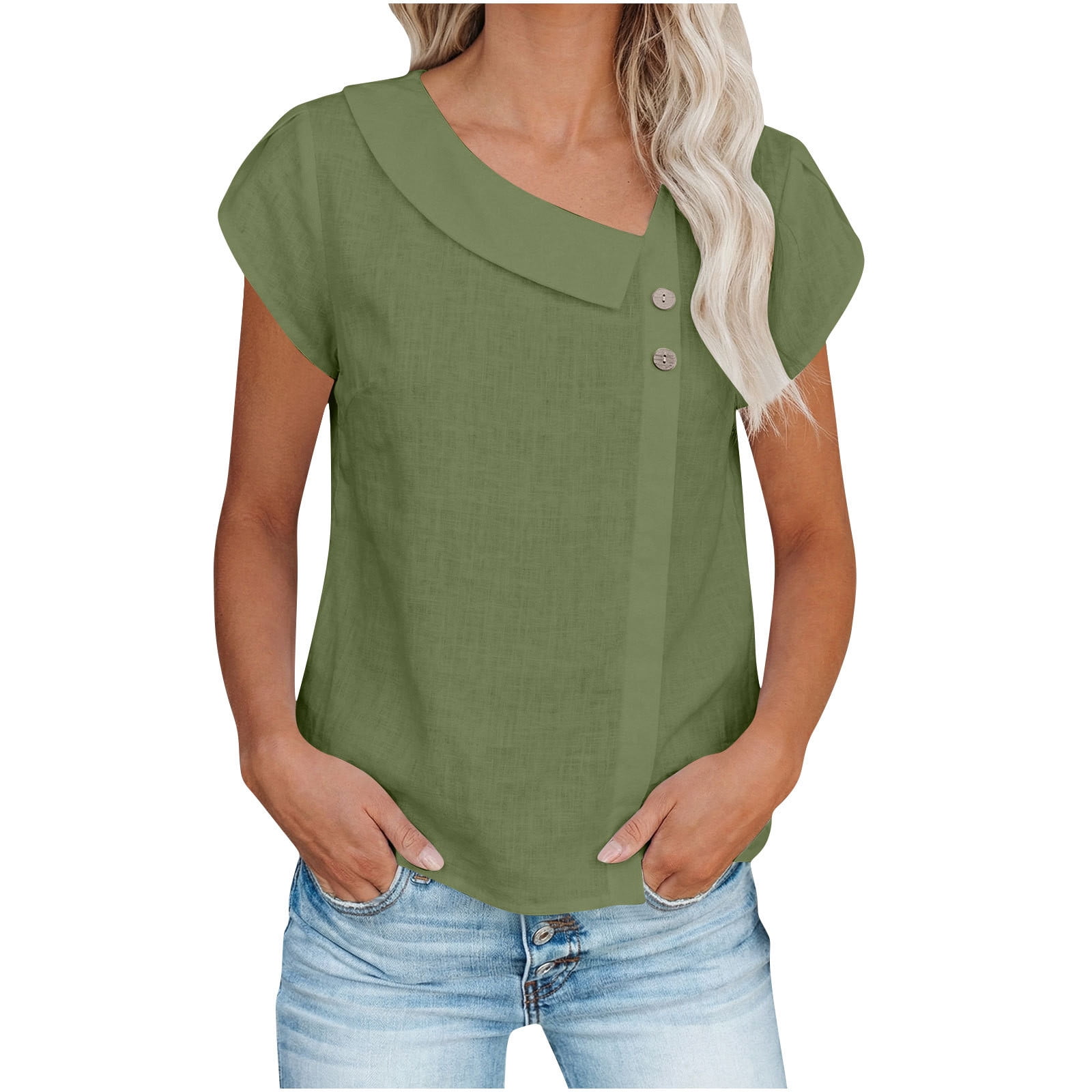 Angala Womens Shirts Half Moon Neck Short Sleeve Button Down Blouse ...