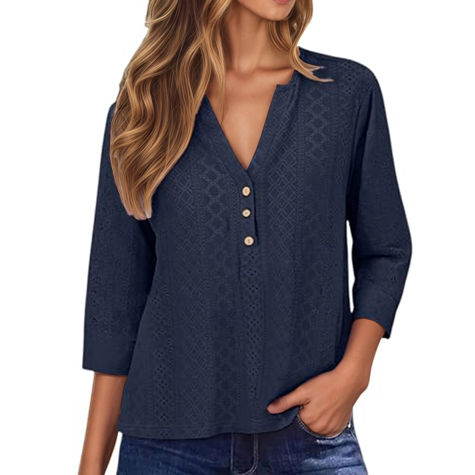 Angala Womens Shirts Solid 3/4 Sleeve Blouse V Neck Button Down Summer ...