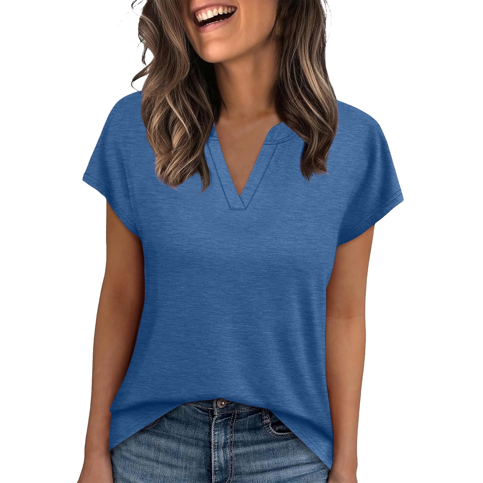Angala Womens Shirts Solid Short Sleeve Blouse V Neck Summer Loose ...
