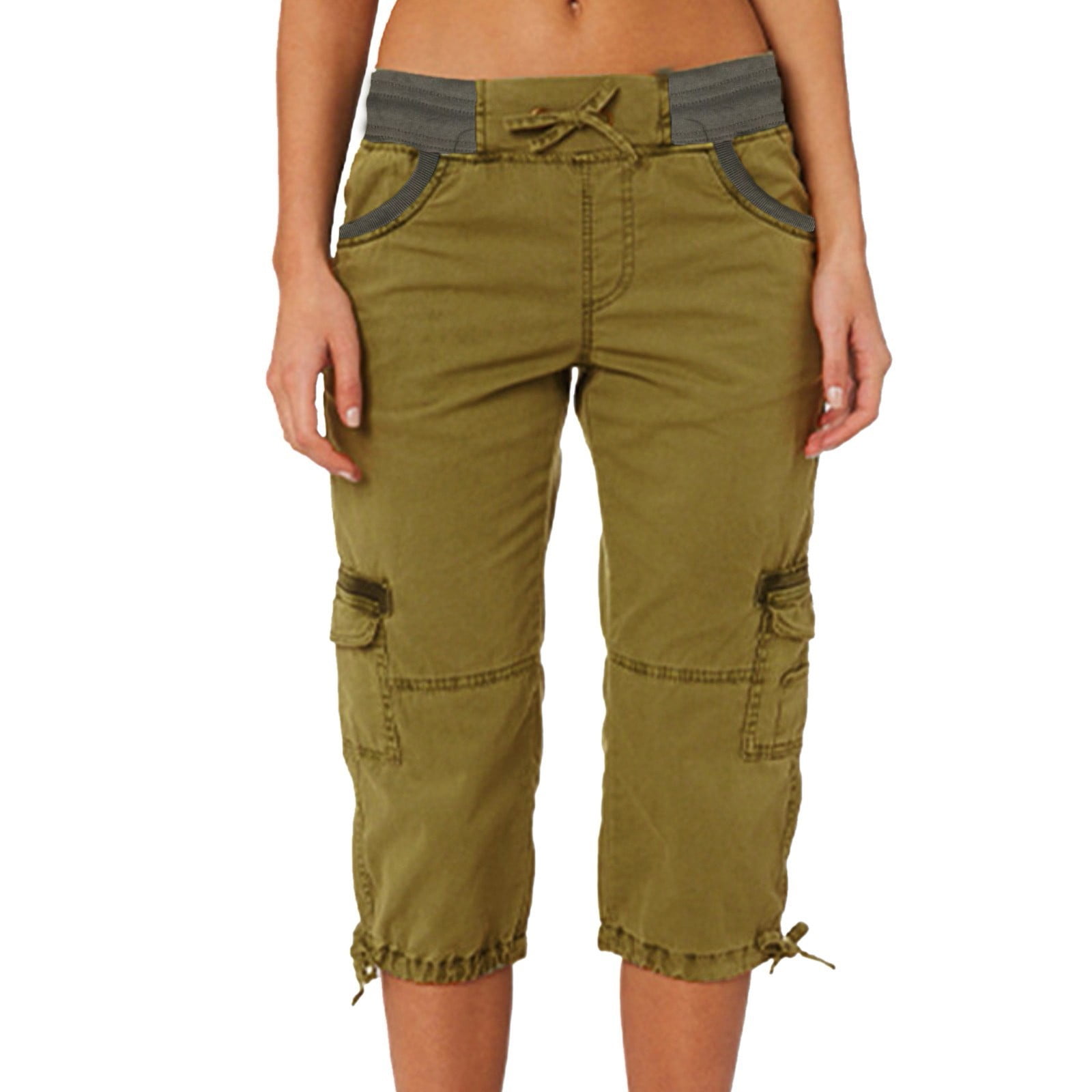 Angala Womens Shorts Solid Color Elastic Waist Mid Length Cargo Shorts ...