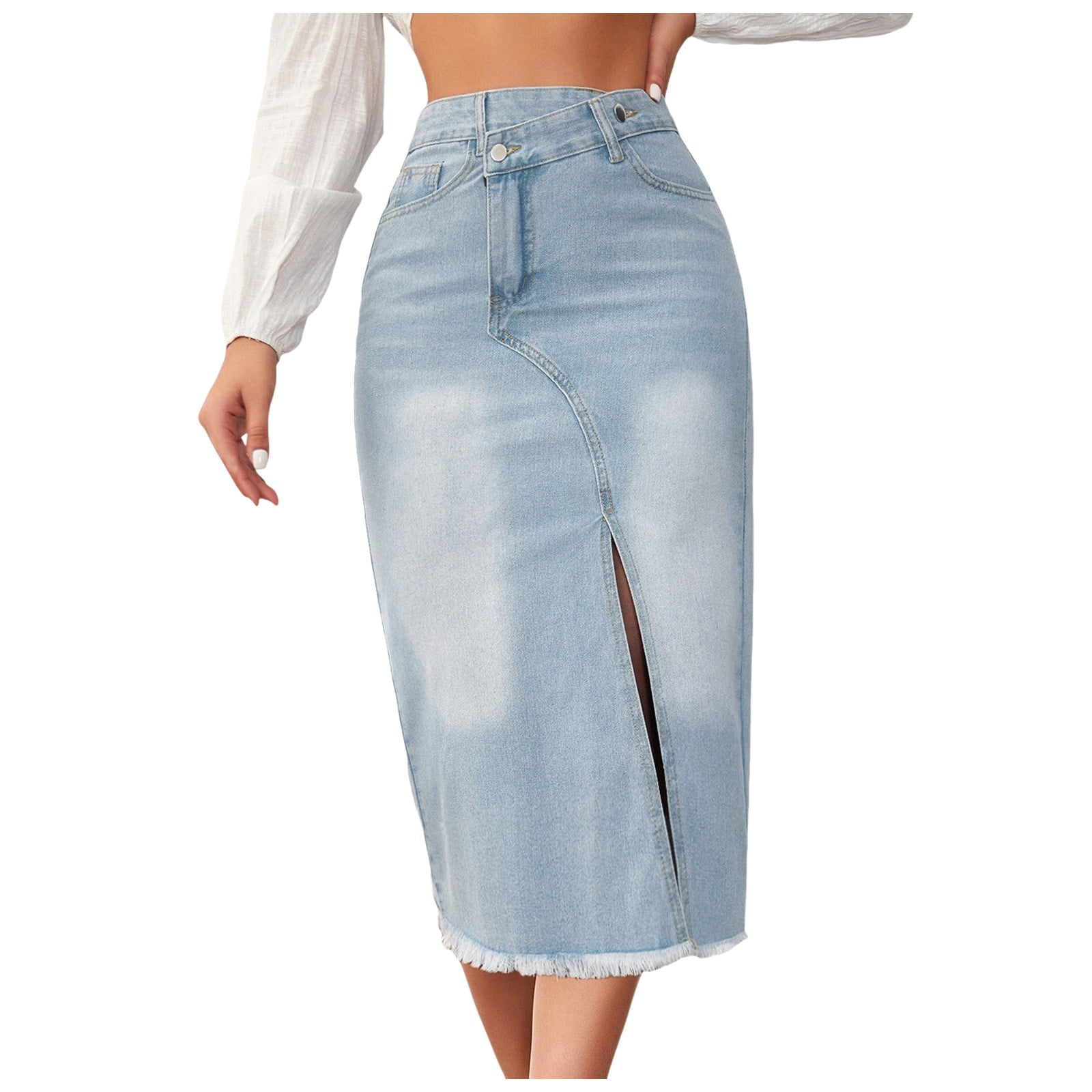 Angala Womens Skirts High Slit Elastic Waist Jean Pencil Midi Skirts ...