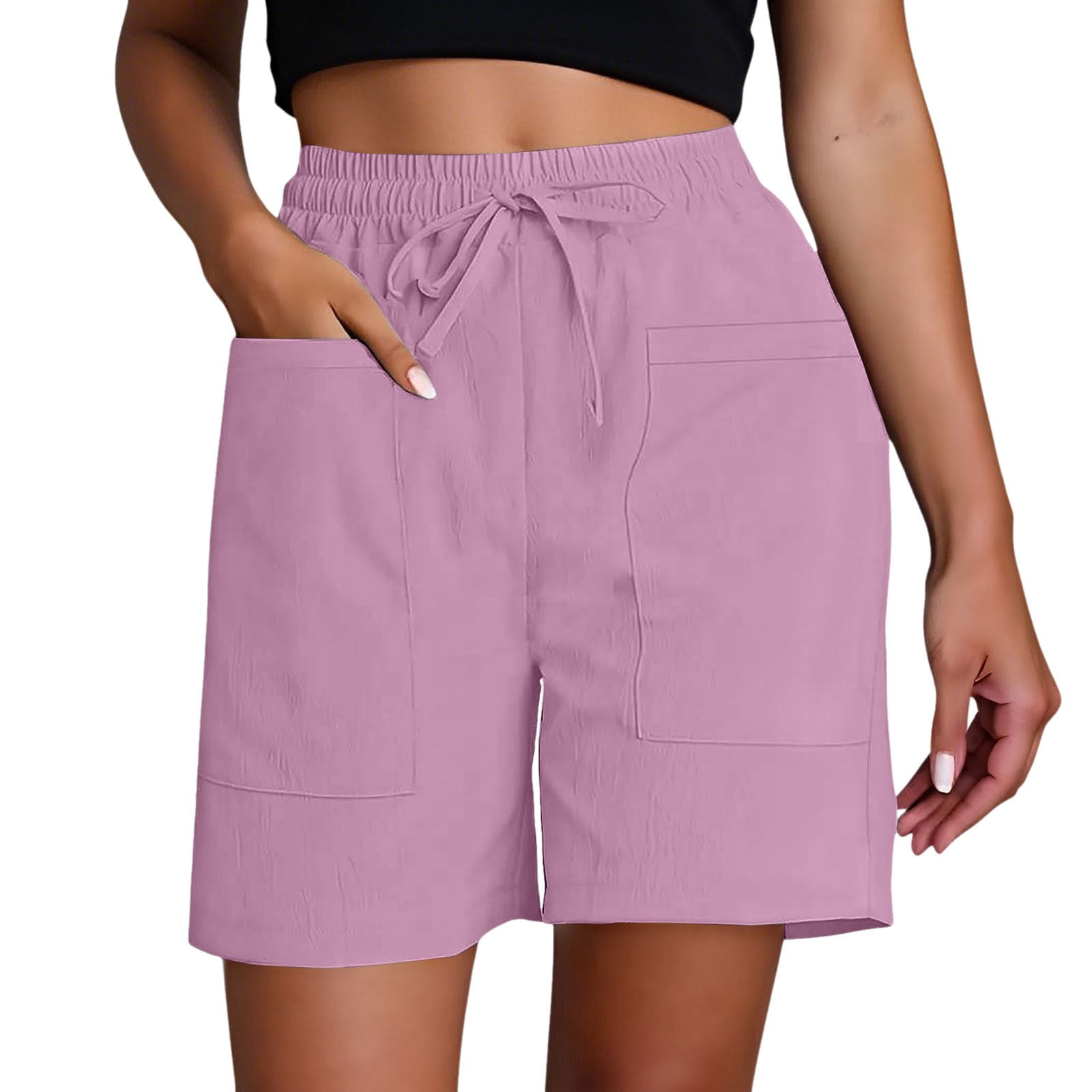 Angala Womens Summer Pants High Elastic Waist Short Pants Loose Solid ...