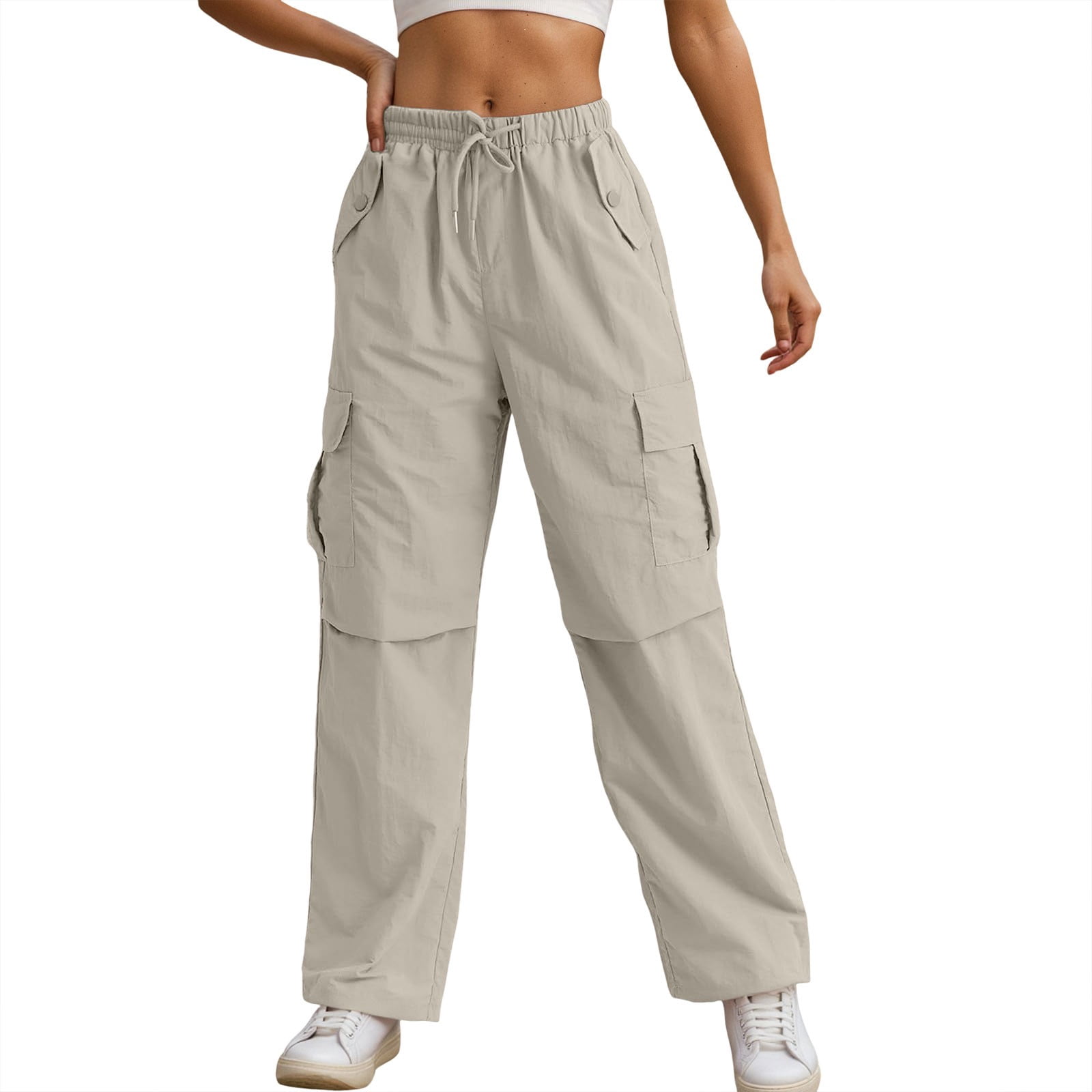 Angala Womens Summer Pants High Elastic Waist Solid Cargo Pants ...