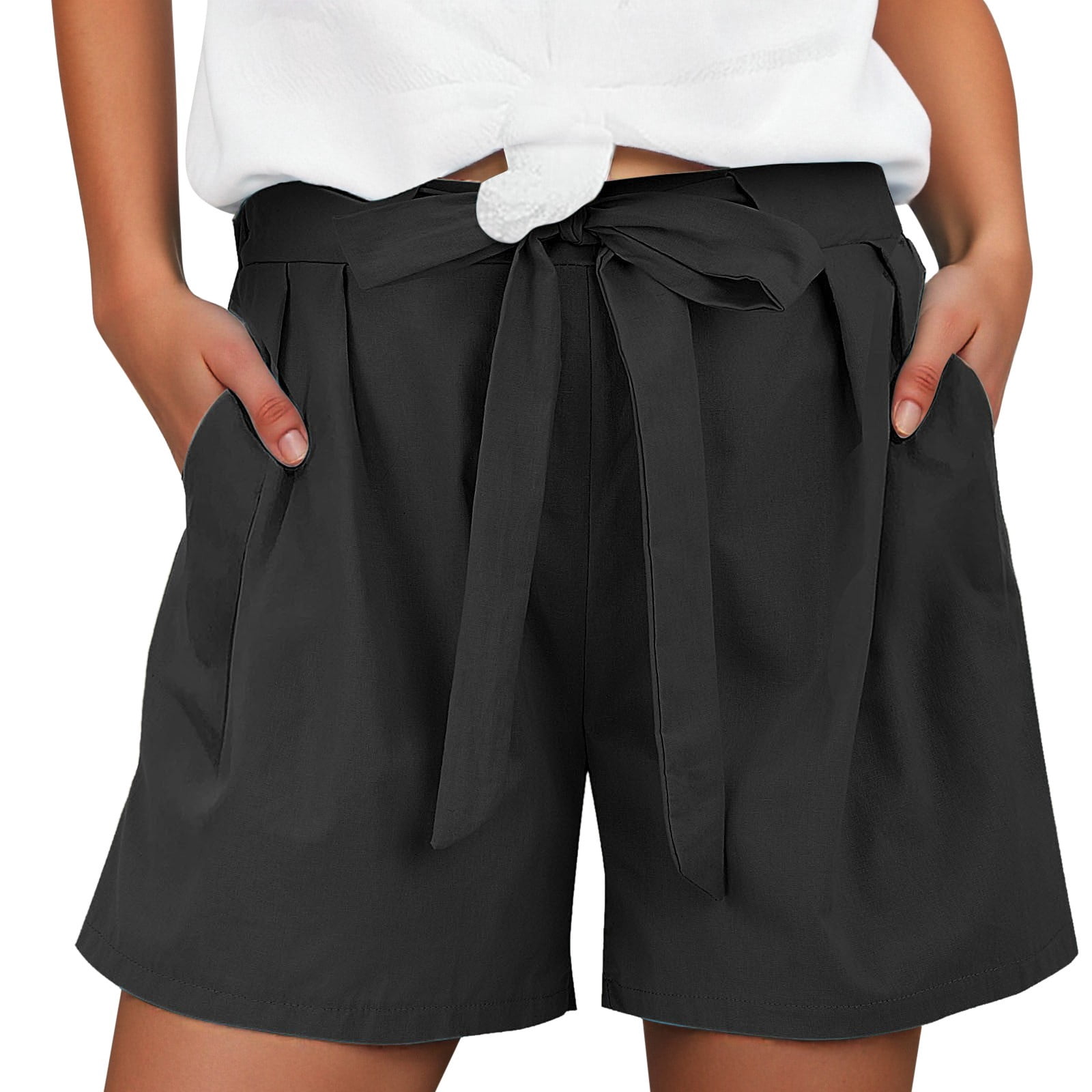Angala Womens Summer Pants Loose Short Pants With Tie Detail Solid High ...