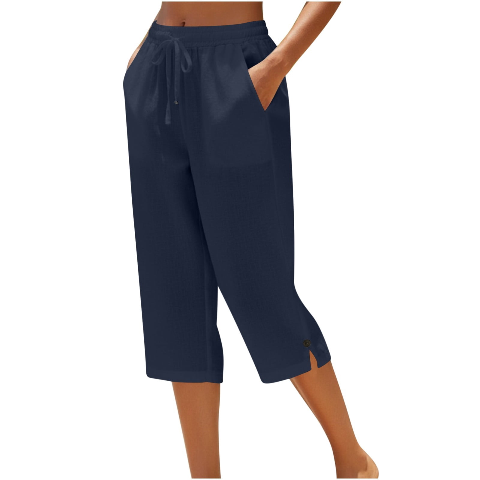 Angala Womens Summer Pants Solid Cropped Pants Loose High Elastic Waist ...