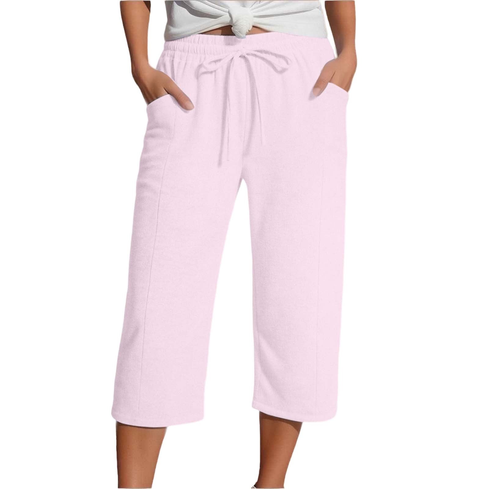 Angala Womens Summer Pants Solid Cropped Pants Loose High Elastic Waist ...