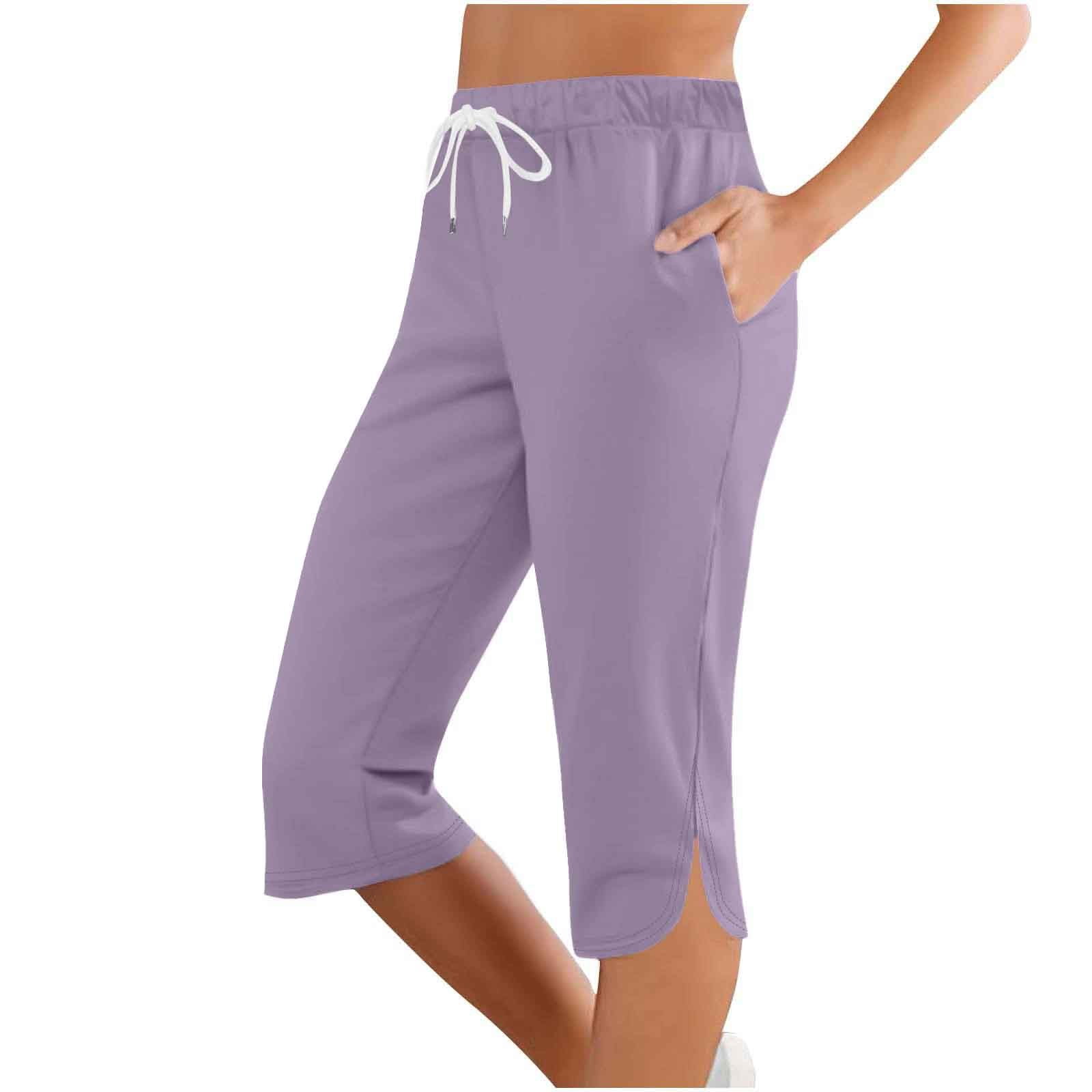 Angala Womens Summer Pants Solid Cropped Pants Relaxed High Elastic ...