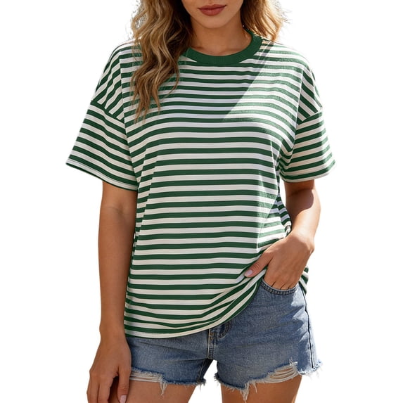 Angala Womens T Shirts Crew Neck Short Sleeve Striped Blouse Summer ...