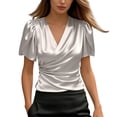 Angala Womens T Shirts Satin Solid Short Sleeve Blouse V Neck Summer ...