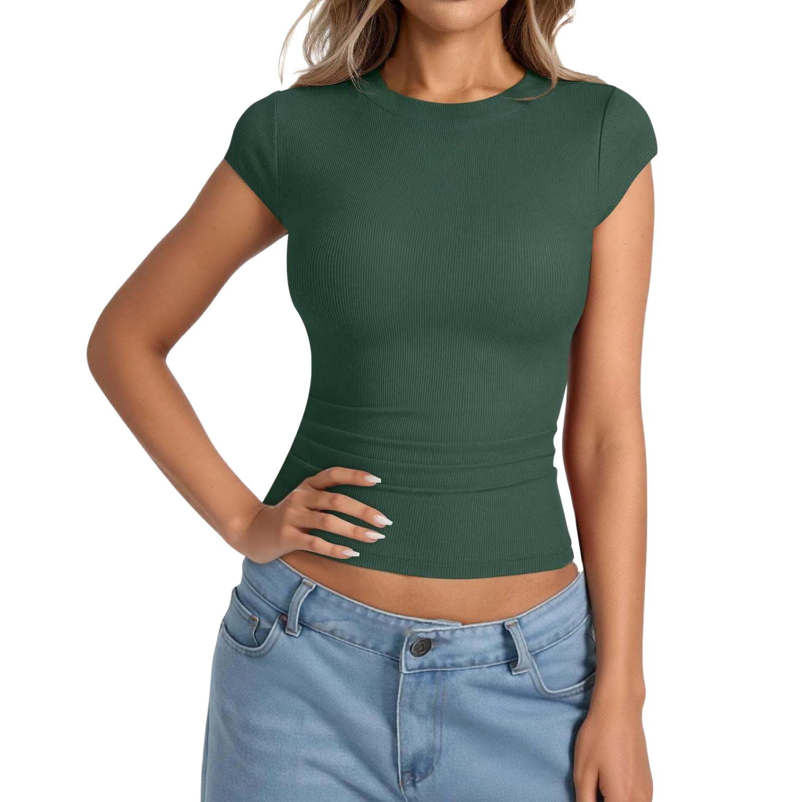 Angala Womens T Shirts Solid Short Sleeve Blouse Crew Neck Summer Slim ...