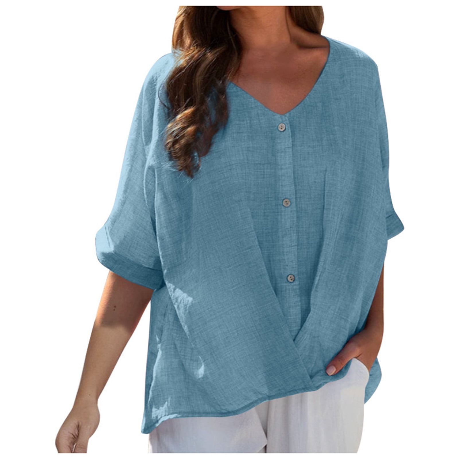 Angala Womens T Shirts V Neck Short Sleeve Solid Color Button Blouse ...