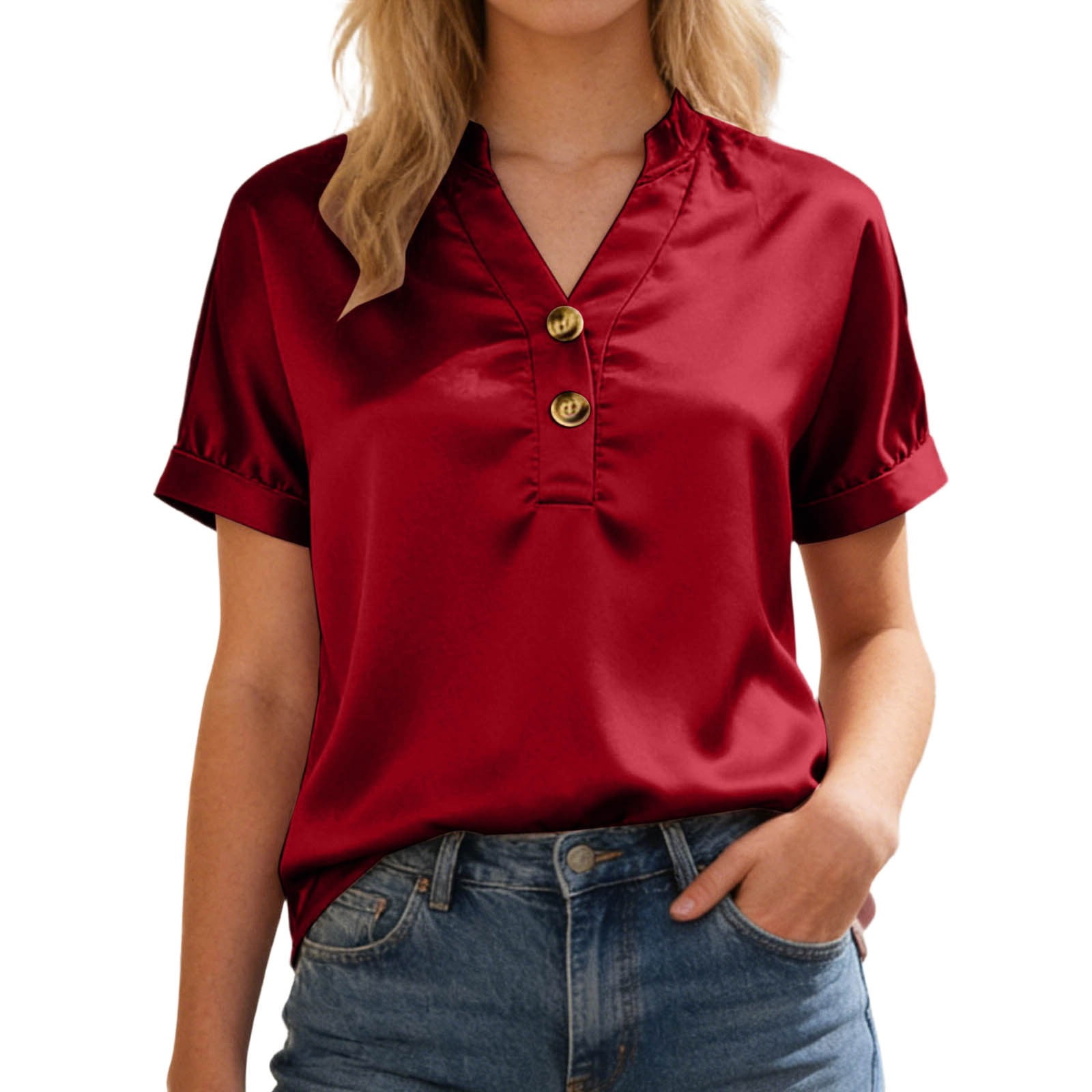 Angala Womens Tees Satin Solid Short Sleeve Blouse V Neck Button Down ...