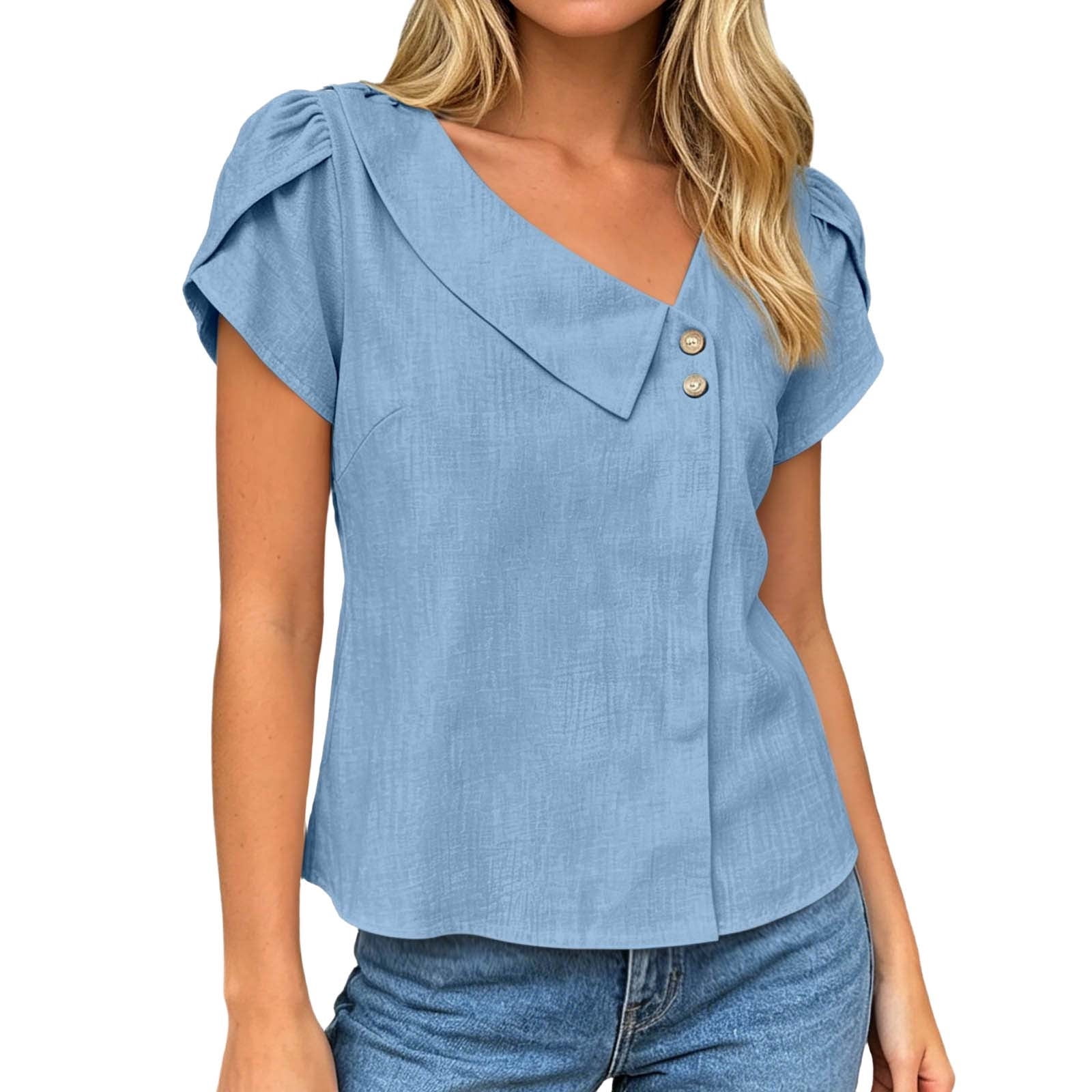 Angala Womens Tees V Neck Short Sleeve Solid Button Down Blouse Summer ...
