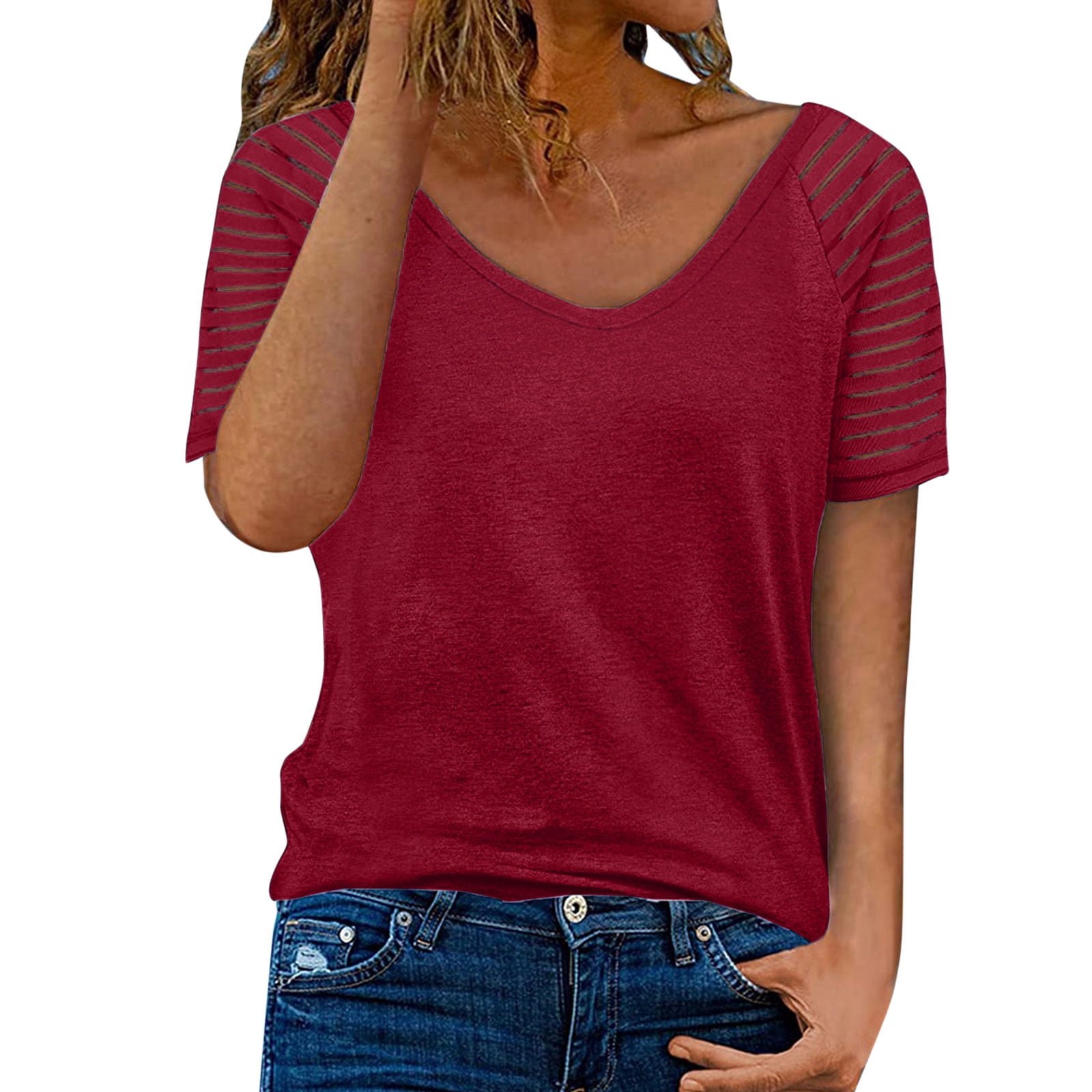 Angala Womens Tees V Neck Short Sleeve Solid Color Blouse Summer ...