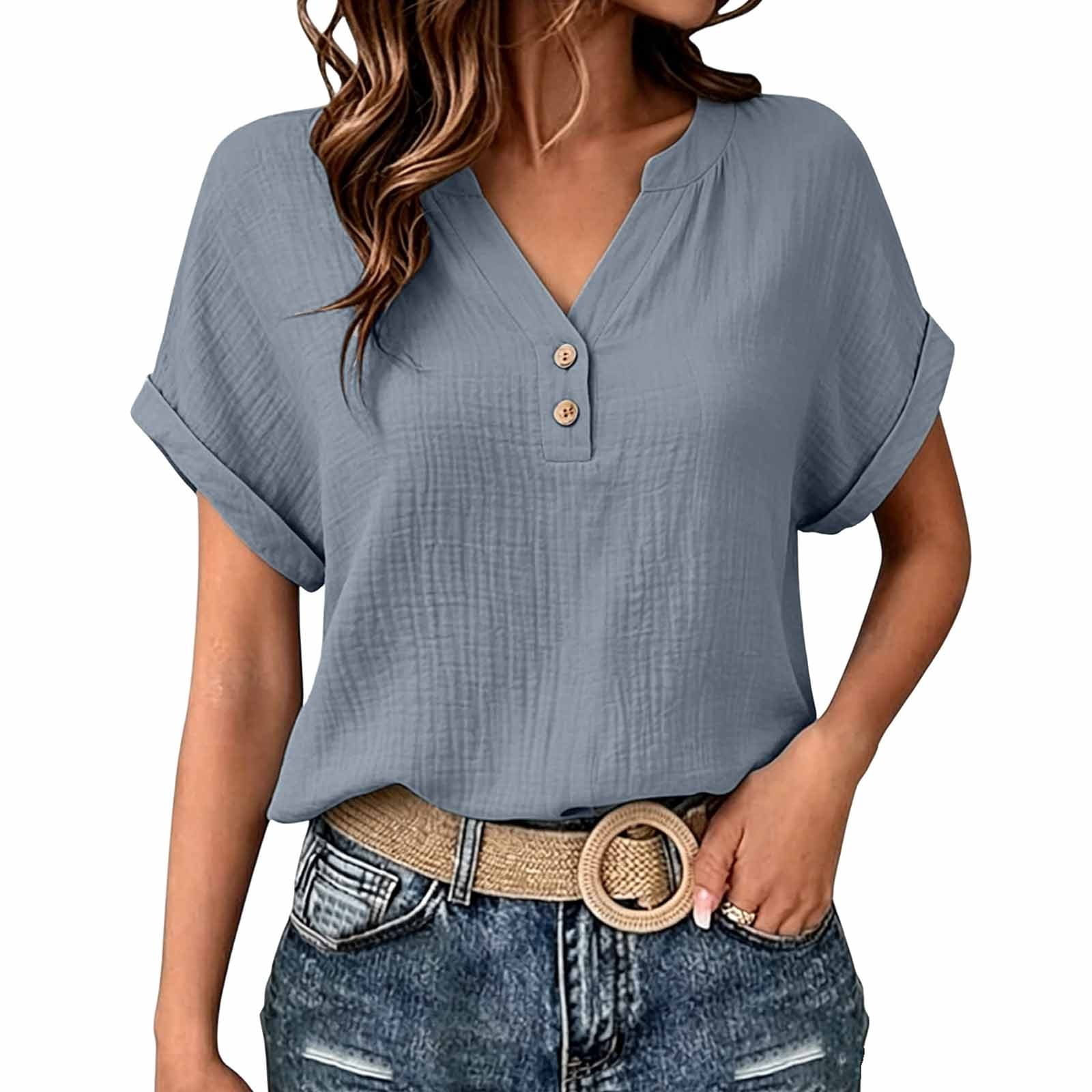 Angala Womens Tees V Neck Short Sleeve Solid Color Button Blouse Summer ...