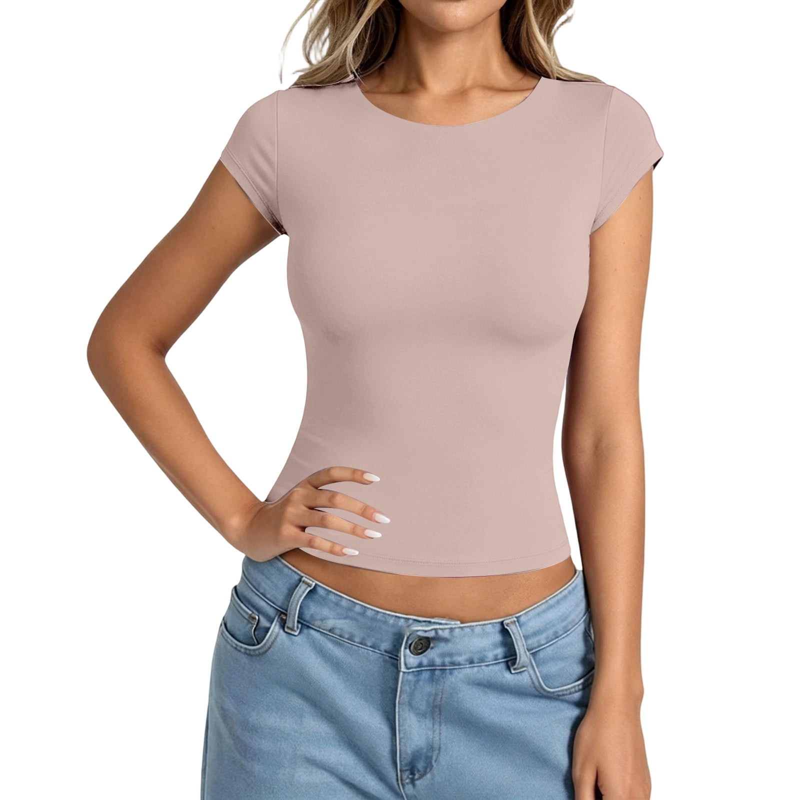 Angala Womens Top Crew Neck Short Sleeve Solid Blouse Summer Slim Fit ...