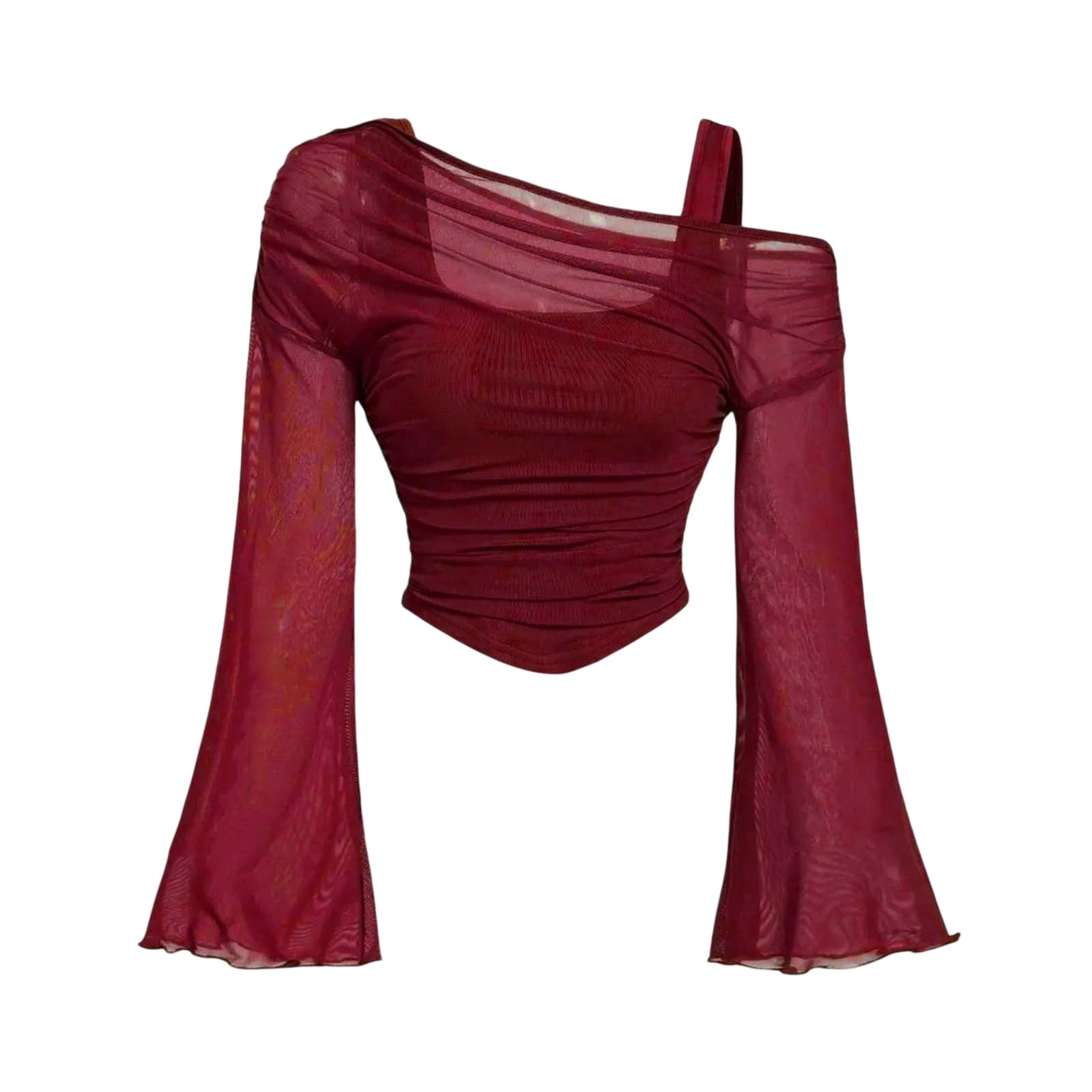 Angala Womens Top Solid Long Sleeve Cropped Blouse One Shoulder Neck ...