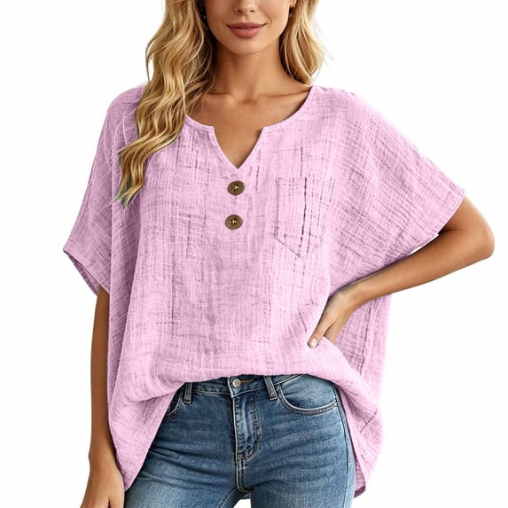Angala Womens Top Solid Short Sleeve Blouse V Neck Summer Bohemian ...