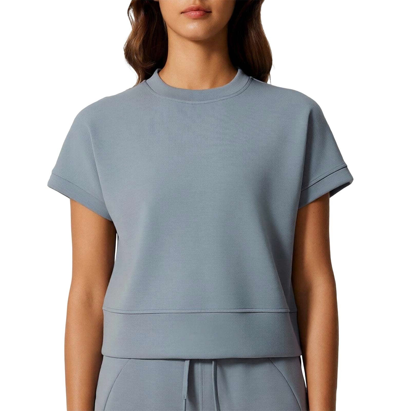 Angala Womens Top Solid Short Sleeve Cropped Blouse Crew Neck Summer ...