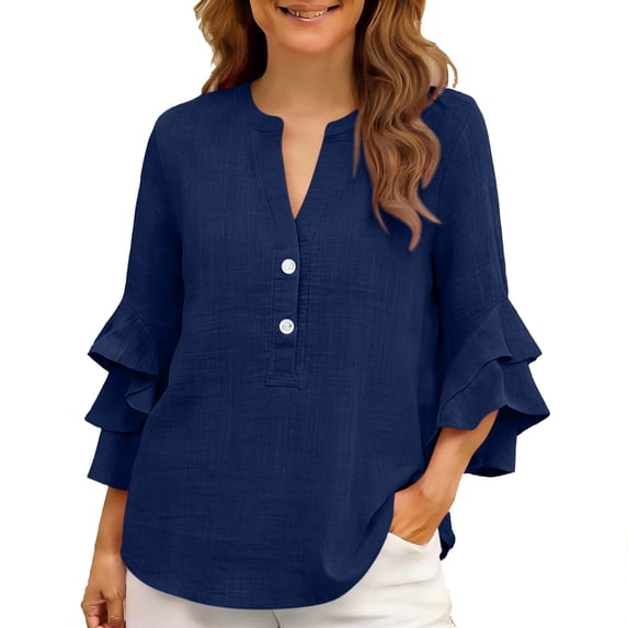 Angala Womens Top V Neck Ruffle Long Sleeve Button Down Blouse Solid ...