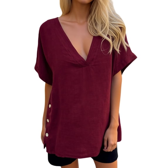 Angala Womens Top V Neck Short Sleeve Blouse Solid Summer Loose Fit ...
