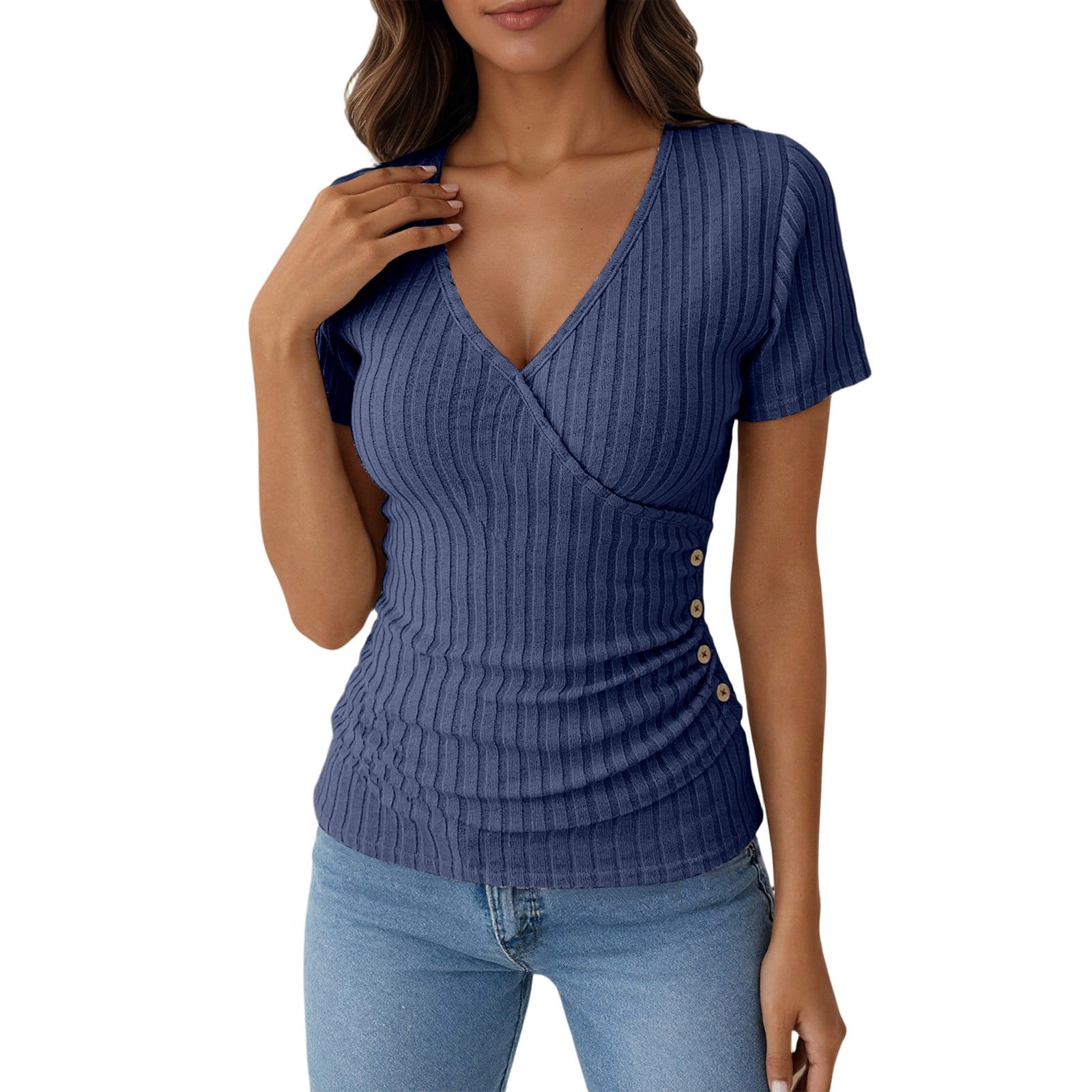 Angala Womens Top V Neck Short Sleeve Solid Blouse Summer Slim ...