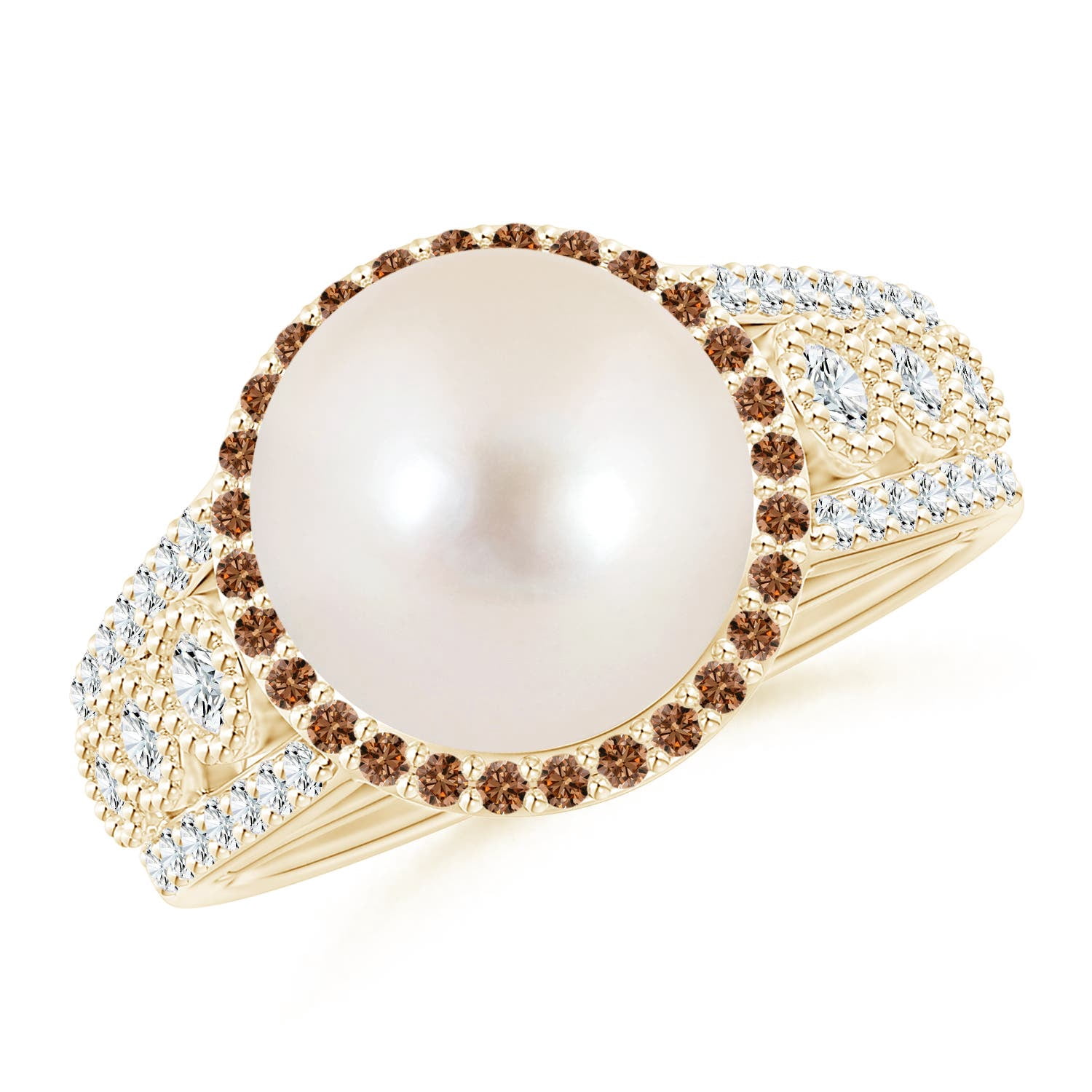 ANGARA Freshwater Cultured Pearl and Coffee Diamond Halo Ring in 14K ...
