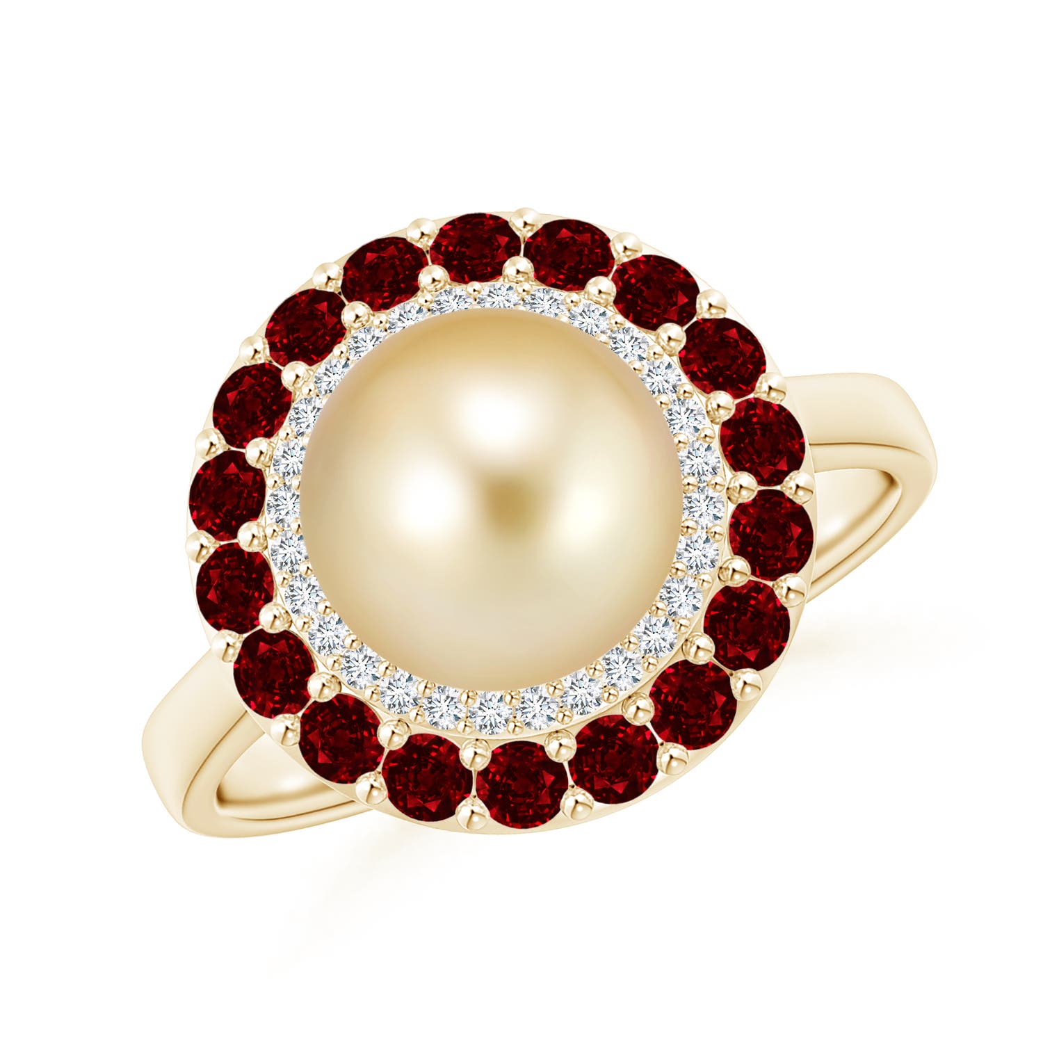 Angara Golden South Sea Cultured Pearl & Ruby Double Halo Ring in 14K Yellow Gold for Women ...