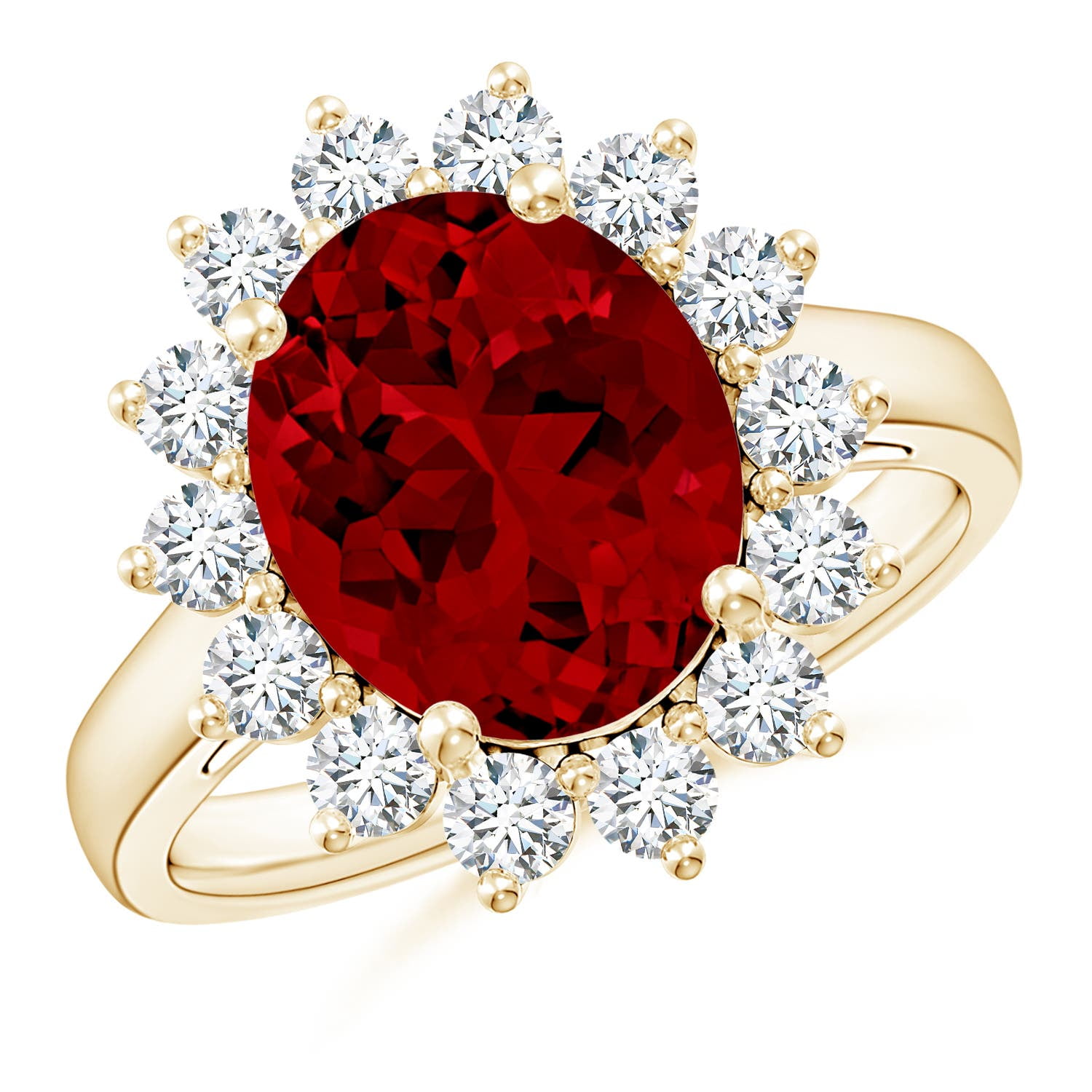 Angara Lab Grown Ruby Ring with Lab Diamond Halo in 14K Yellow Gold for ...