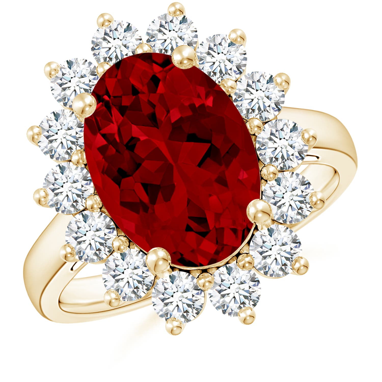Angara Lab Grown Ruby Ring with Lab Diamond Halo in 14K Yellow Gold for ...