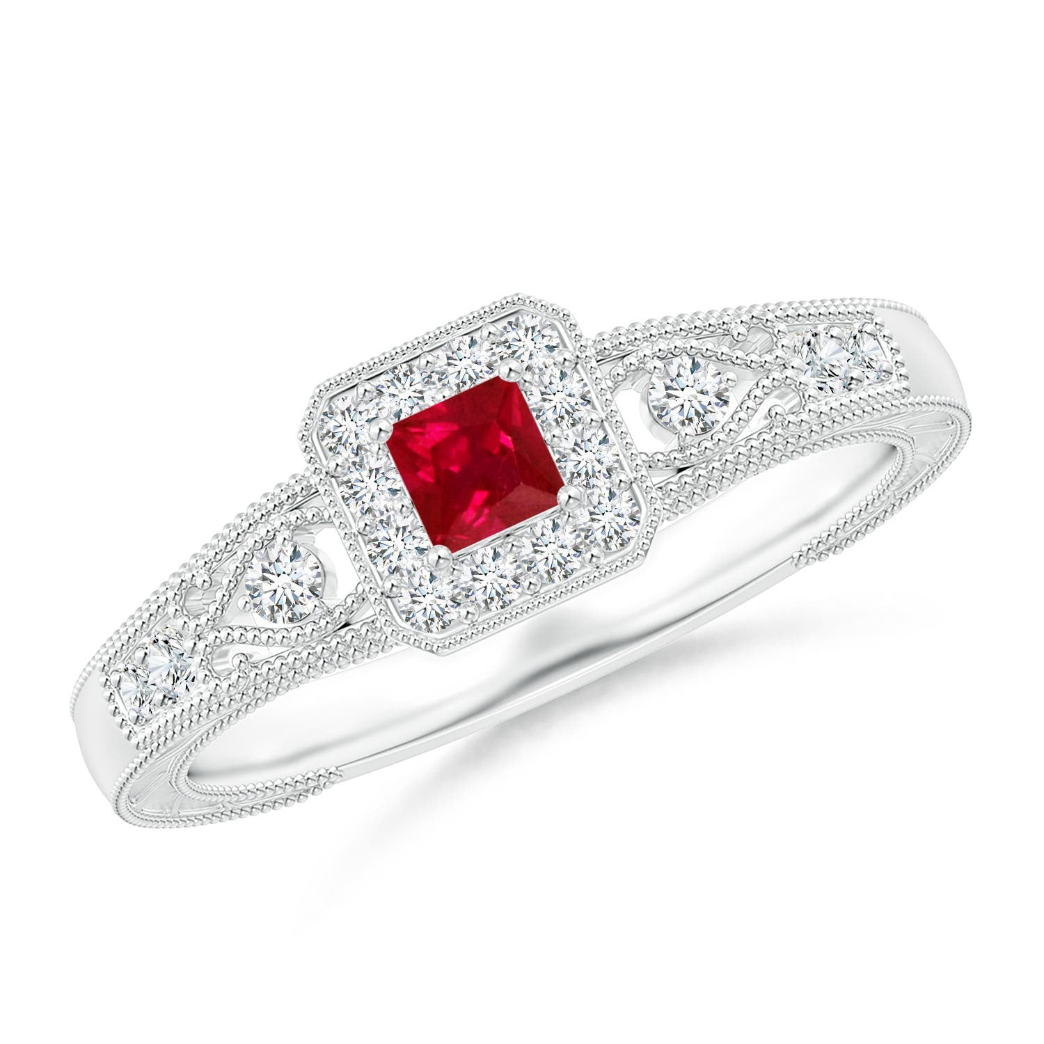 ANGARA Natural Aeon Square Ruby & Diamond Engagement Ring with Milgrain ...