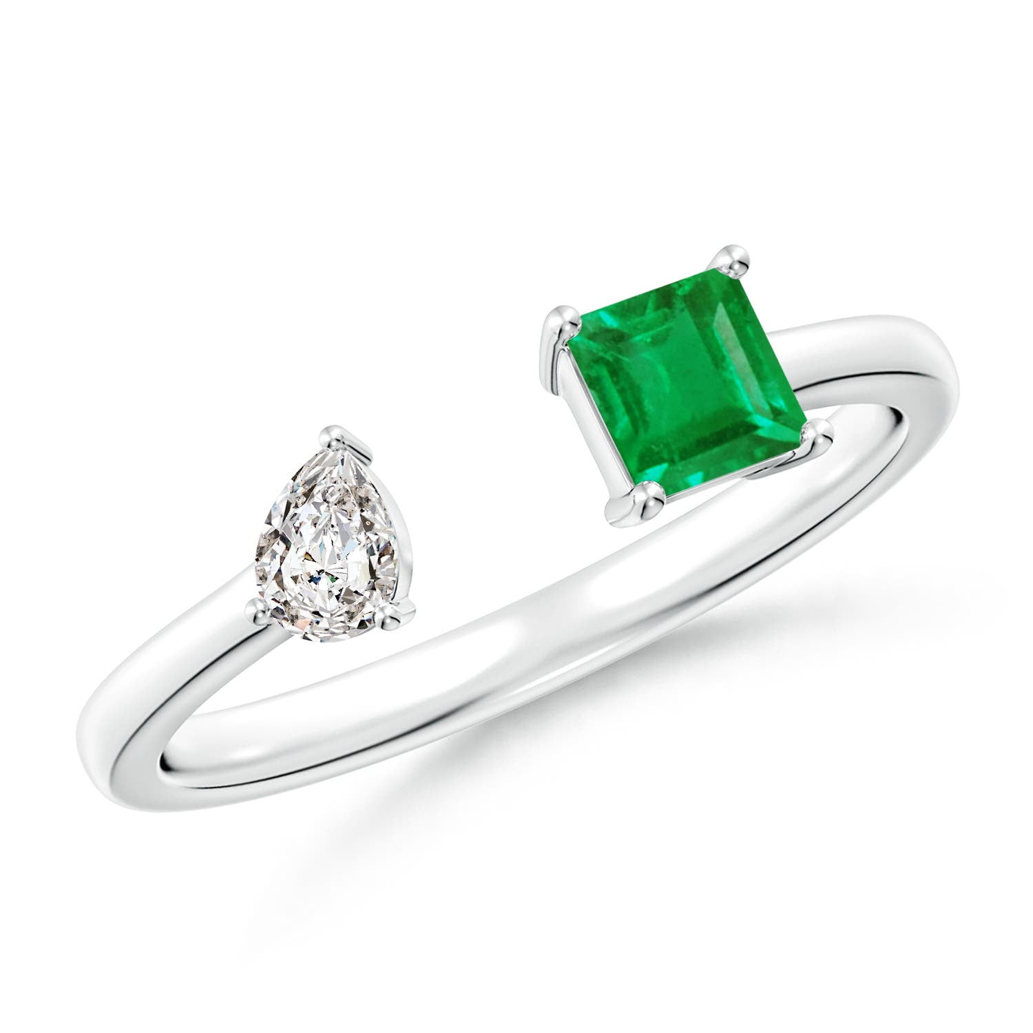 ANGARA Natural Two-Stone Square Emerald & Pear Diamond Open Ring in 14K White Gold for Women ...