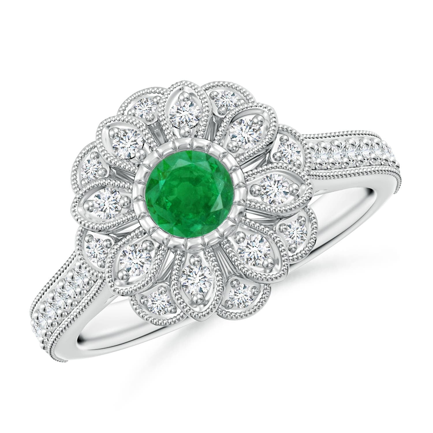 ANGARA Natural Vintage Inspired Emerald Floral Halo Ring with Milgrain ...