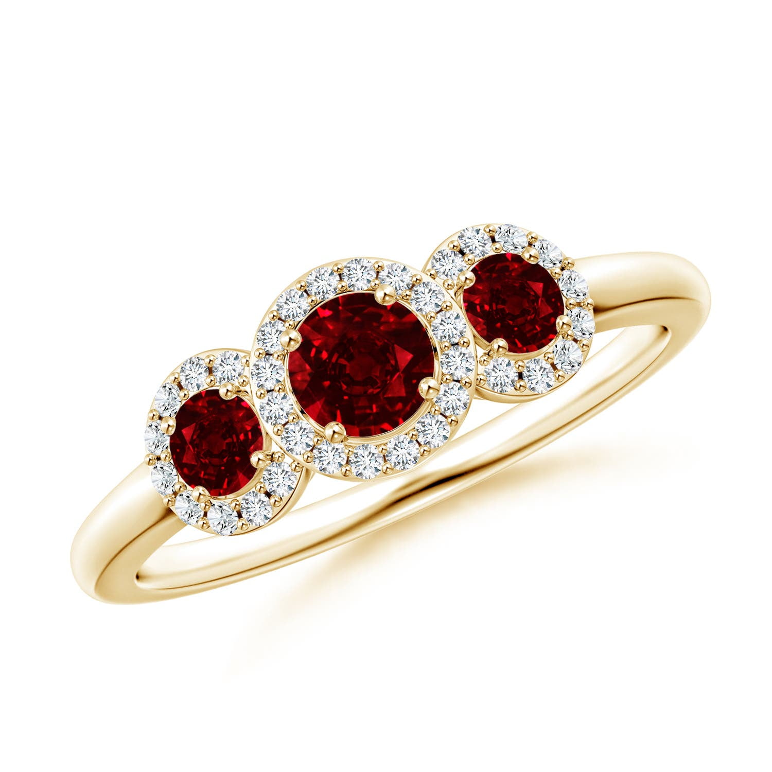 ANGARA Natural Round Ruby Three Stone Halo Ring with Diamonds in 14K ...