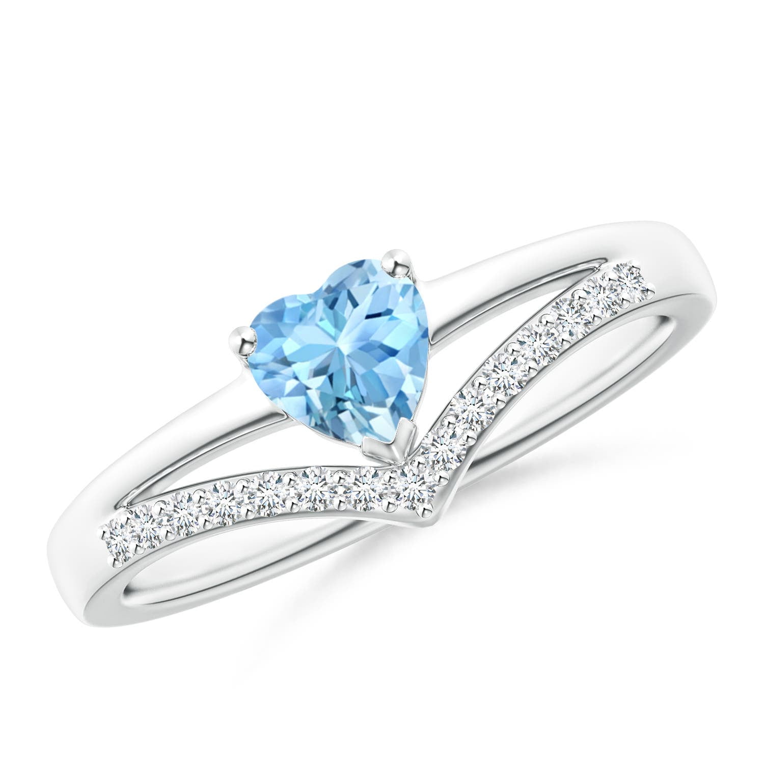 ANGARA Natural Solitaire Heart Aquamarine and Diamond Chevron Ring in ...