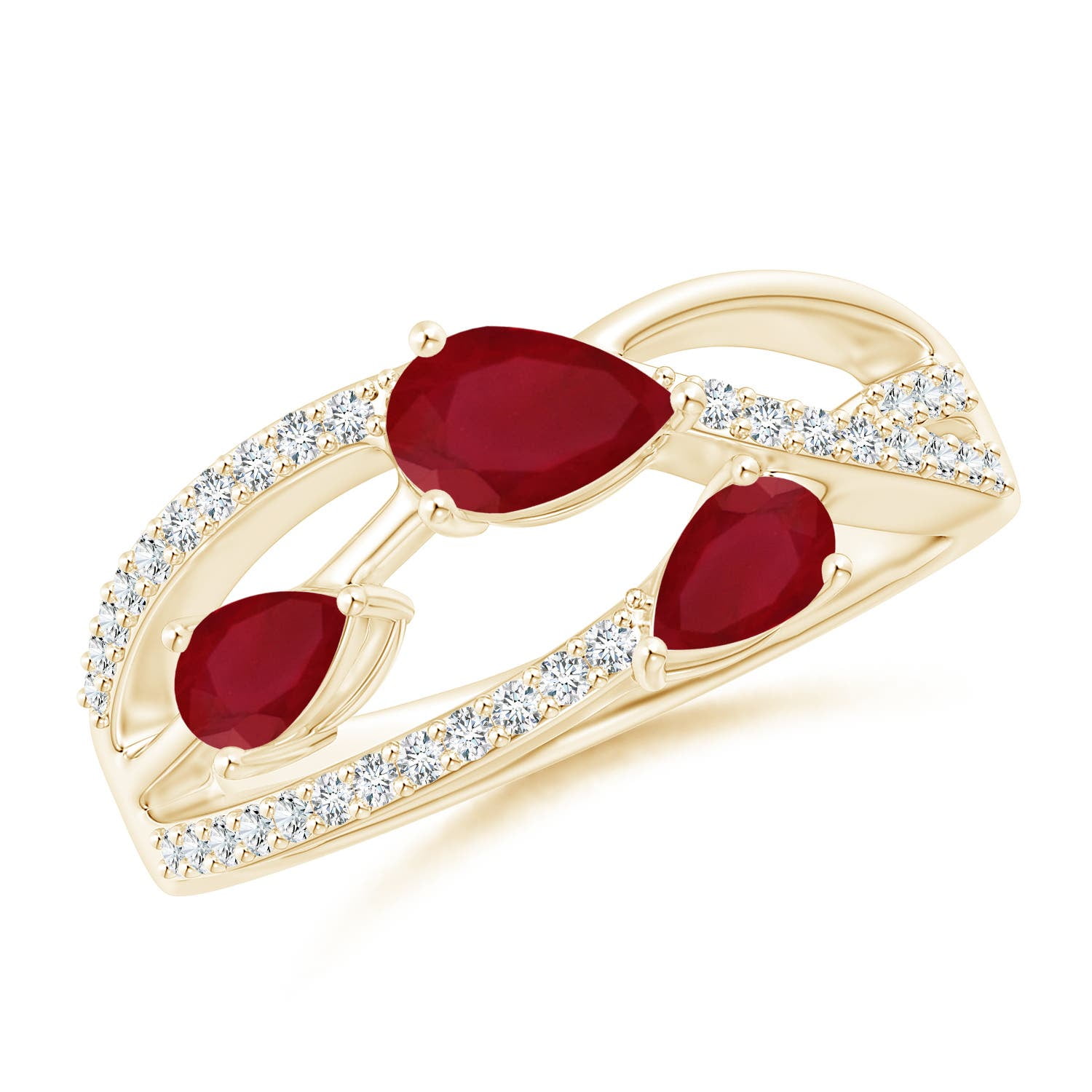 ANGARA Natural Three-Stone Pear Ruby Criss-Cross Ring in 14K Yellow ...