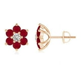 ANGARA Natural Six Petal Diamond and Ruby Flower Stud Earrings in 14K Rose Gold for Women (Size ...