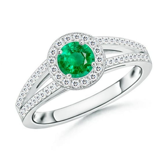 ANGARA Natural Round Emerald Split Shank Ring with Diamond Halo in 14K White Gold for Women ...