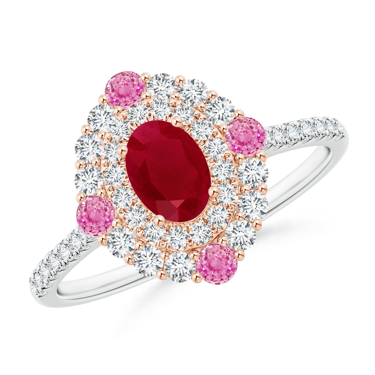 ANGARA Natural Oval Ruby Double Halo Two Tone Ring with Pink Sapphire in 14K White & Rose Gold ...