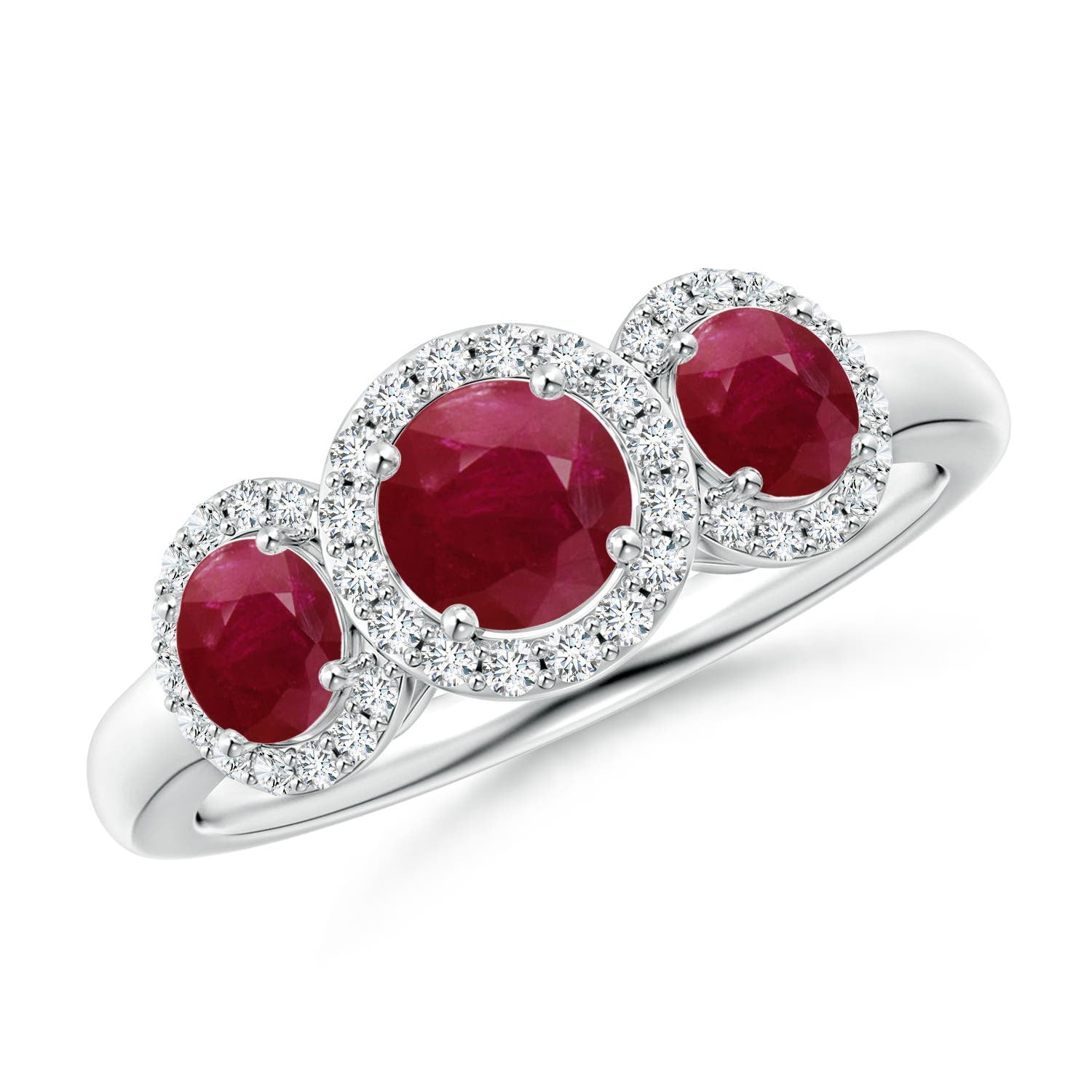 ANGARA Natural Round Ruby Three Stone Halo Ring with Diamonds in 14K ...