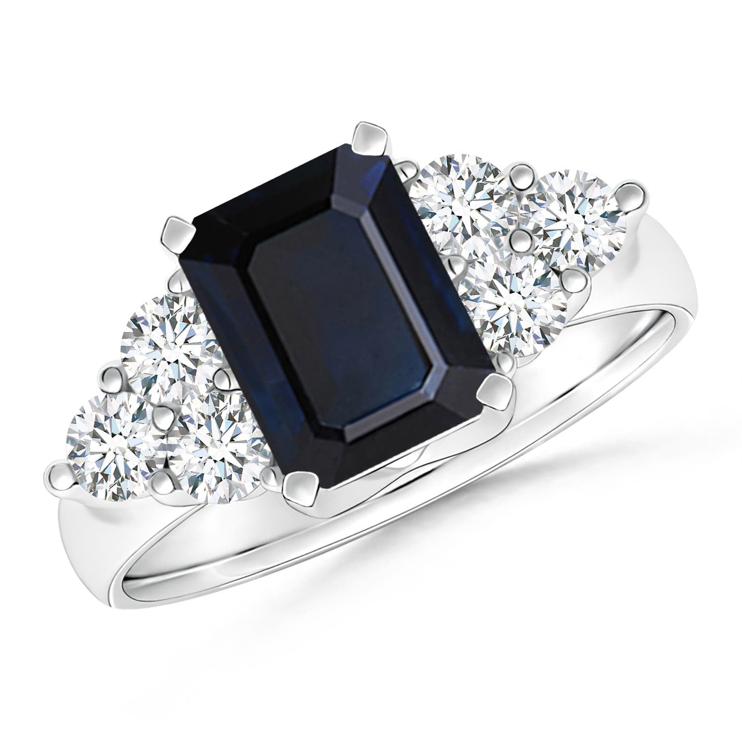 ANGARA Natural Emerald-Cut 1.65 ct Blue Sapphire Ring with Trio Diamonds in 14K White Gold for ...