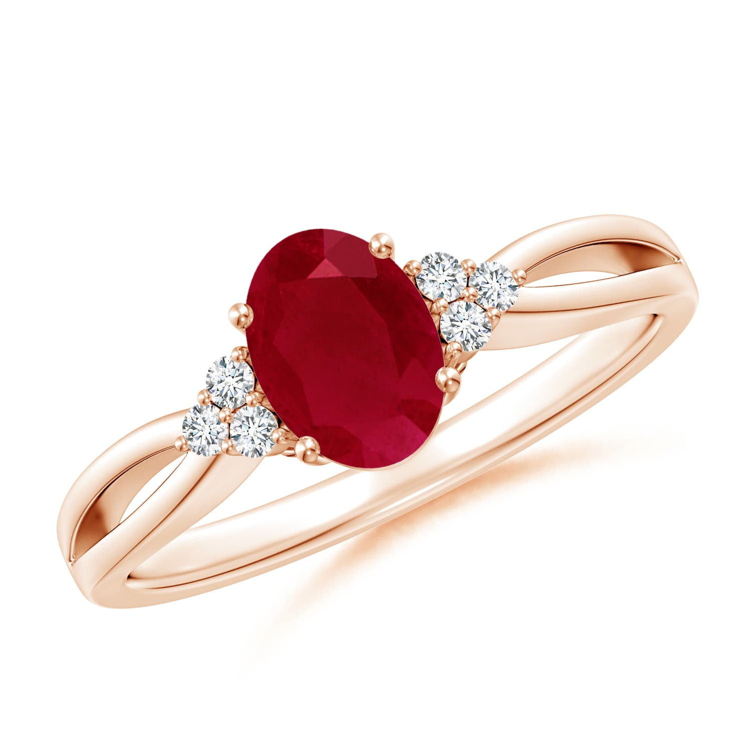 ANGARA Natural Solitaire Oval 1 ct Ruby Split Shank Ring with Trio Diamonds in 14K Rose Gold for ...