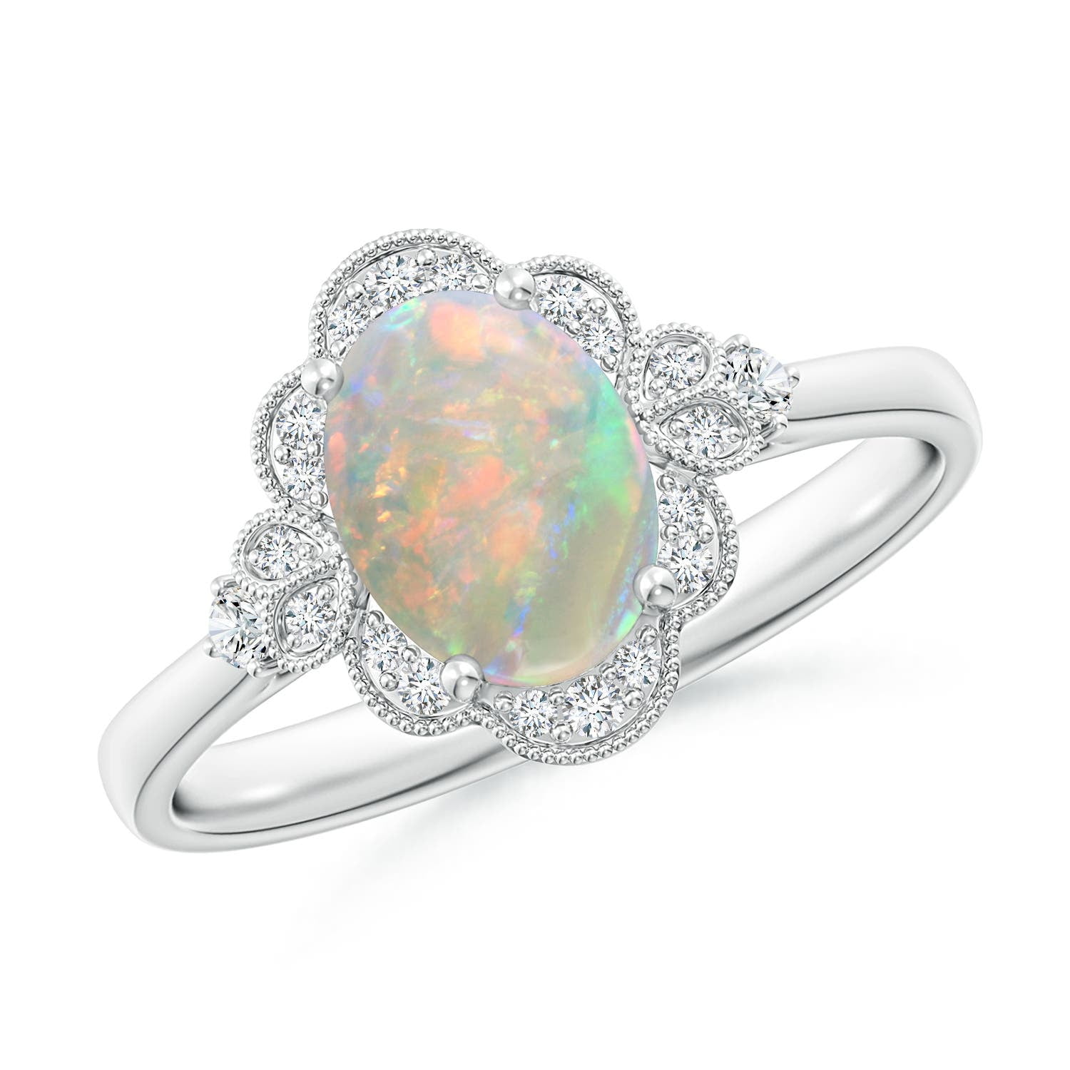 Angara Natural Opal Ring - Victorian Style Oval Opal and Diamond Halo ...